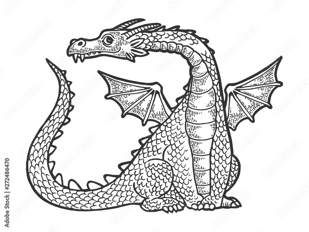 Dragon fabulous mythical cartoon animal sketch engraving vector ...