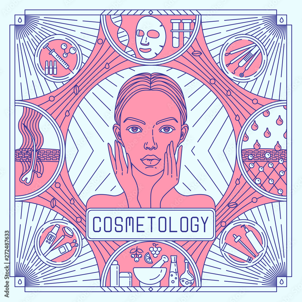Vector flat, outline pink and blue design poster for skin care. Ads for ...