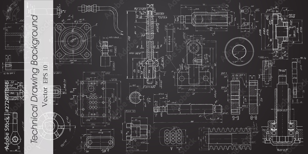 Technical drawing on a black background.Mechanical Engineering drawing ...