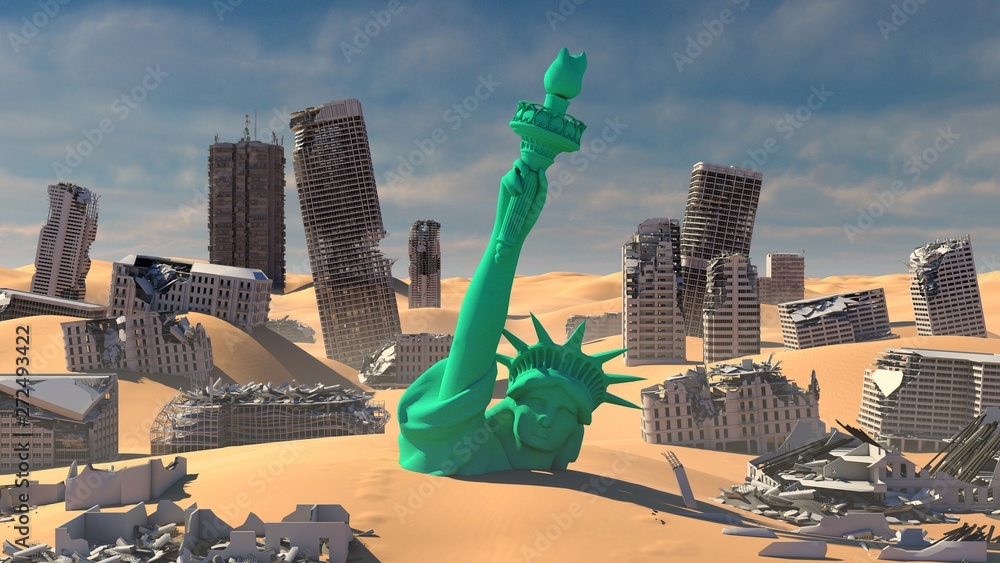 3d illustration of destroyed city with Statue of Liberty covered by ...