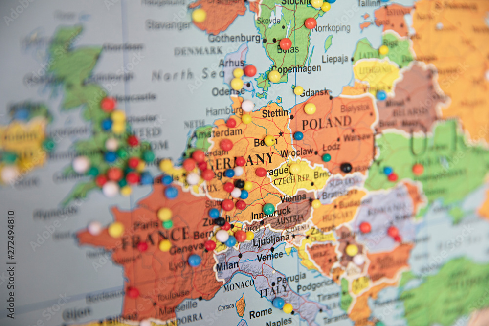 Close up of map of Europe with pins showing visitor locations Stock ...