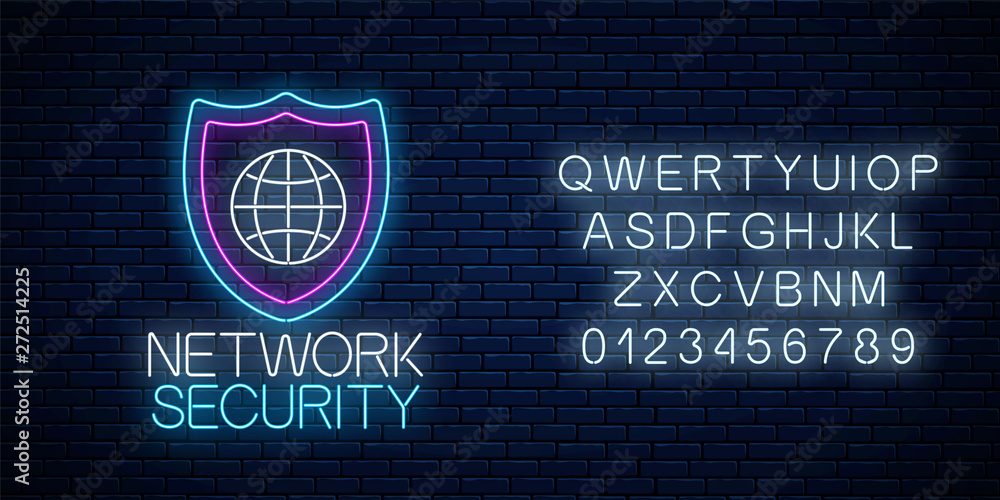Network security glowing neon sign with alphabet. Internet protection ...