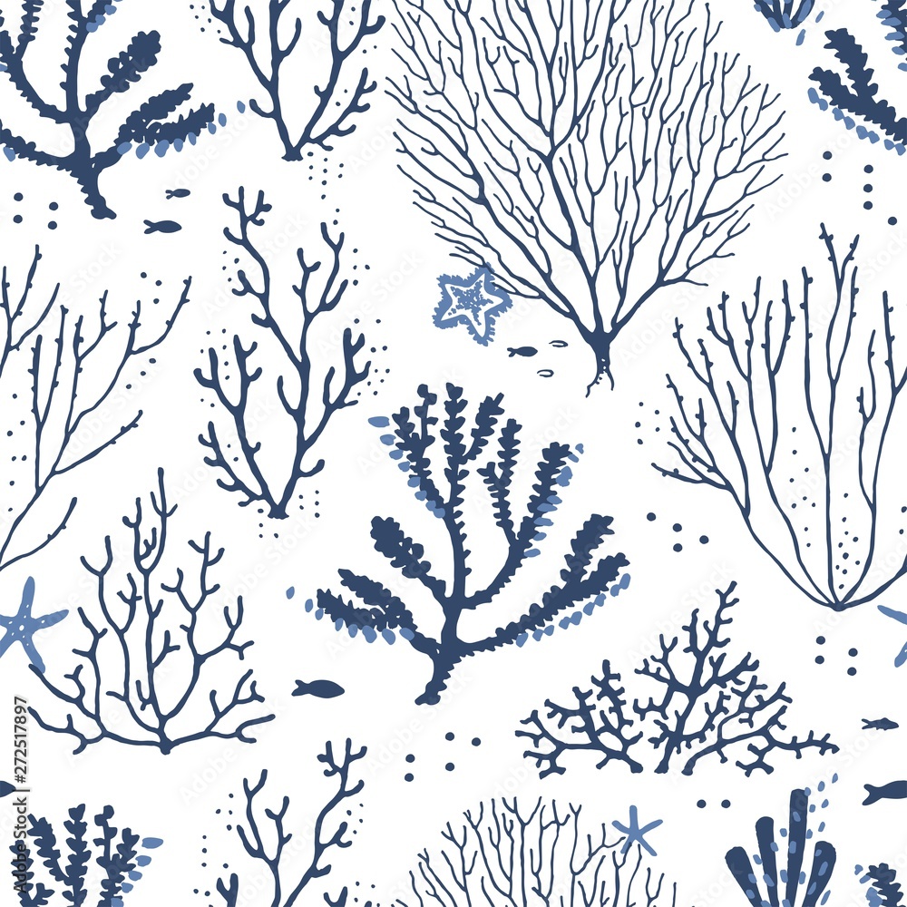 Seamless pattern sea coral reef dark blue and blue colors with fishes ...
