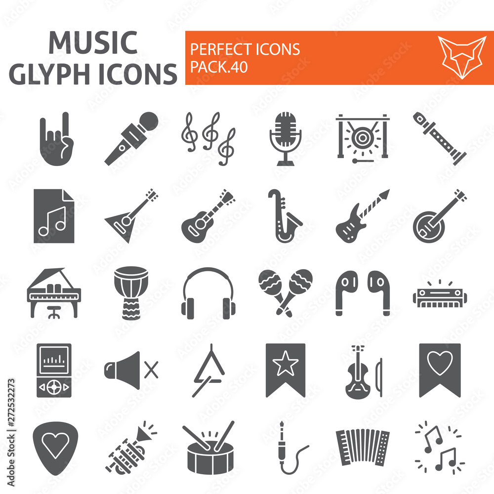 Music glyph icon set, musical instruments symbols collection, vector ...