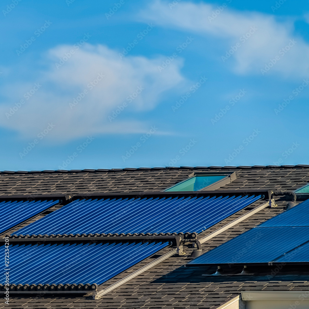 Square frame Pitched roof with solar water heater solar panels and ...