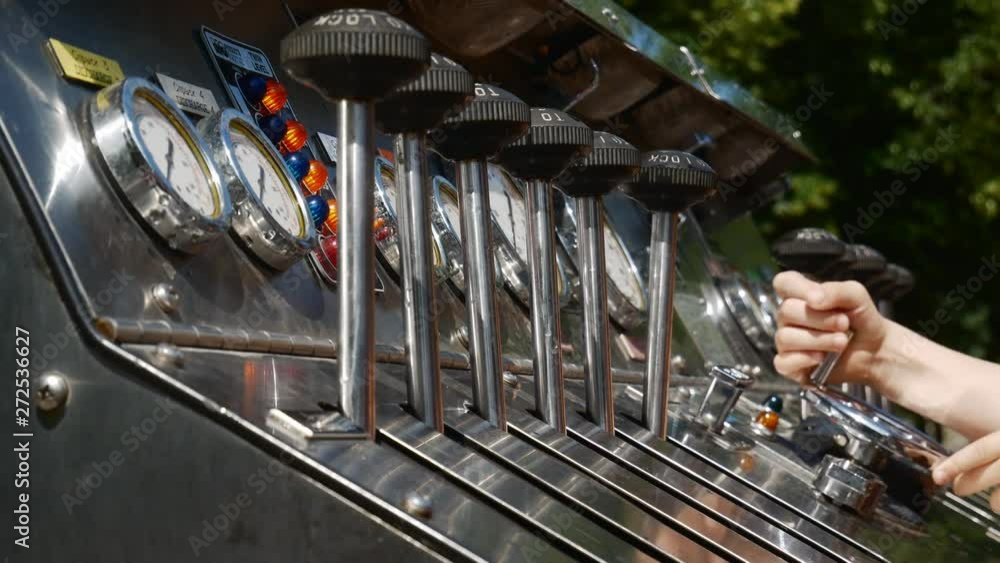 control levers on a modern red fire truck.for use with emergency ...
