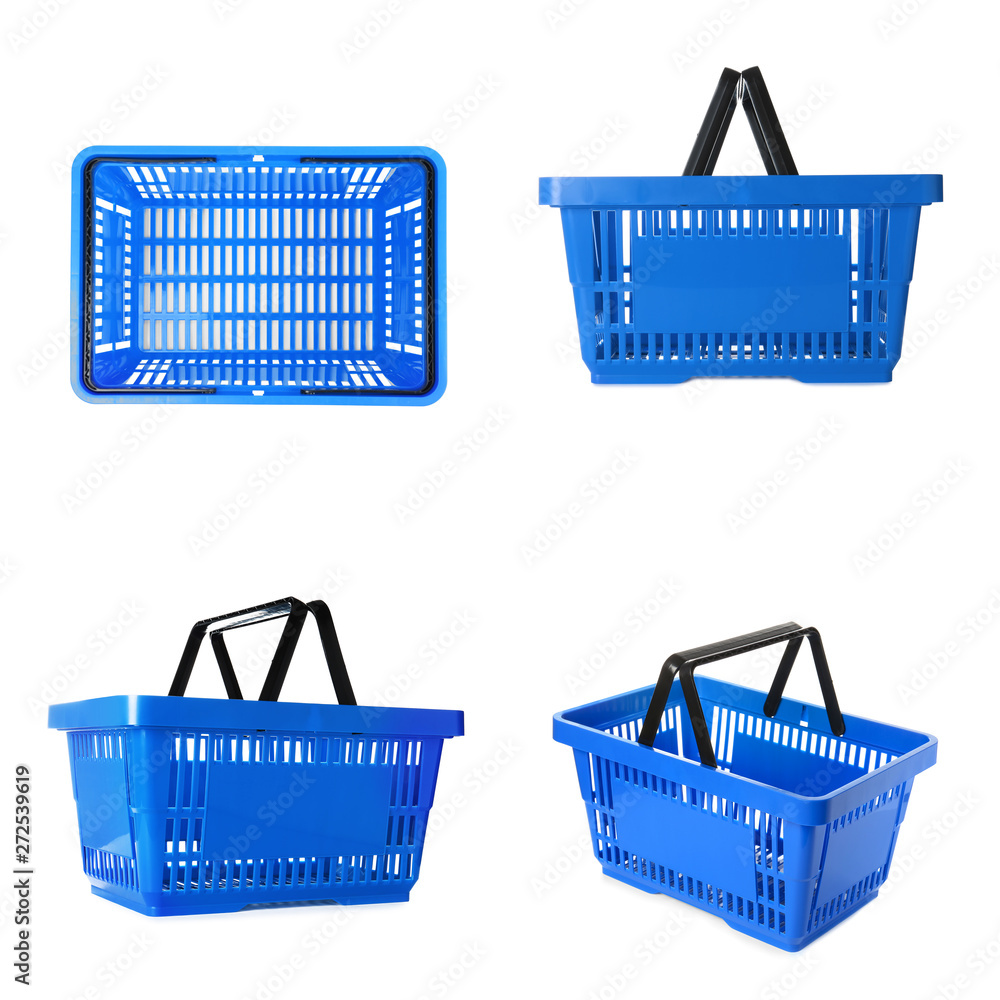 Set of plastic shopping baskets on white background Stock Photo | Adobe ...