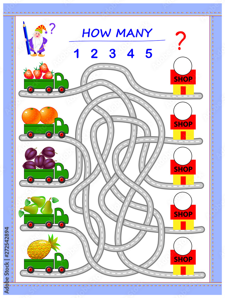 Logic puzzle game for little children. Where do the lorries have to ... Logic puzzle game for little children. Where do the lorries have to ...