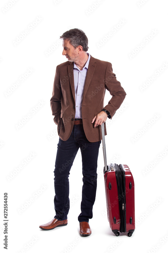 Traveling businessman going on a business trip. He is waiting with ...