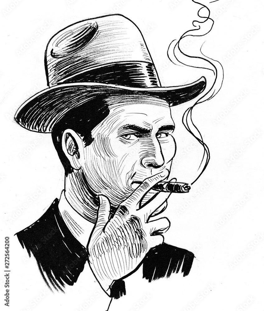 Ink black and white drawing of a man in hat smoking a cigar. Ink black ...