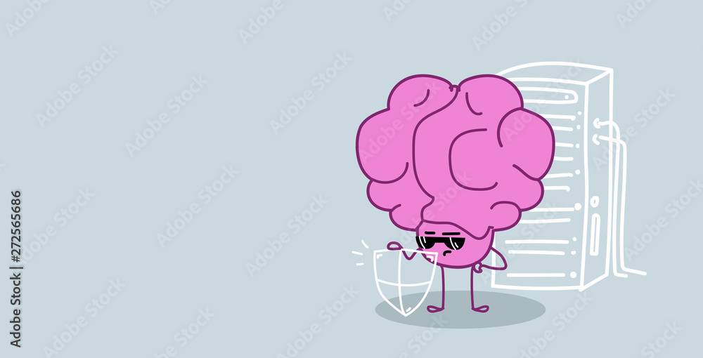 cute human brain organ holding shield protection security concept ...
