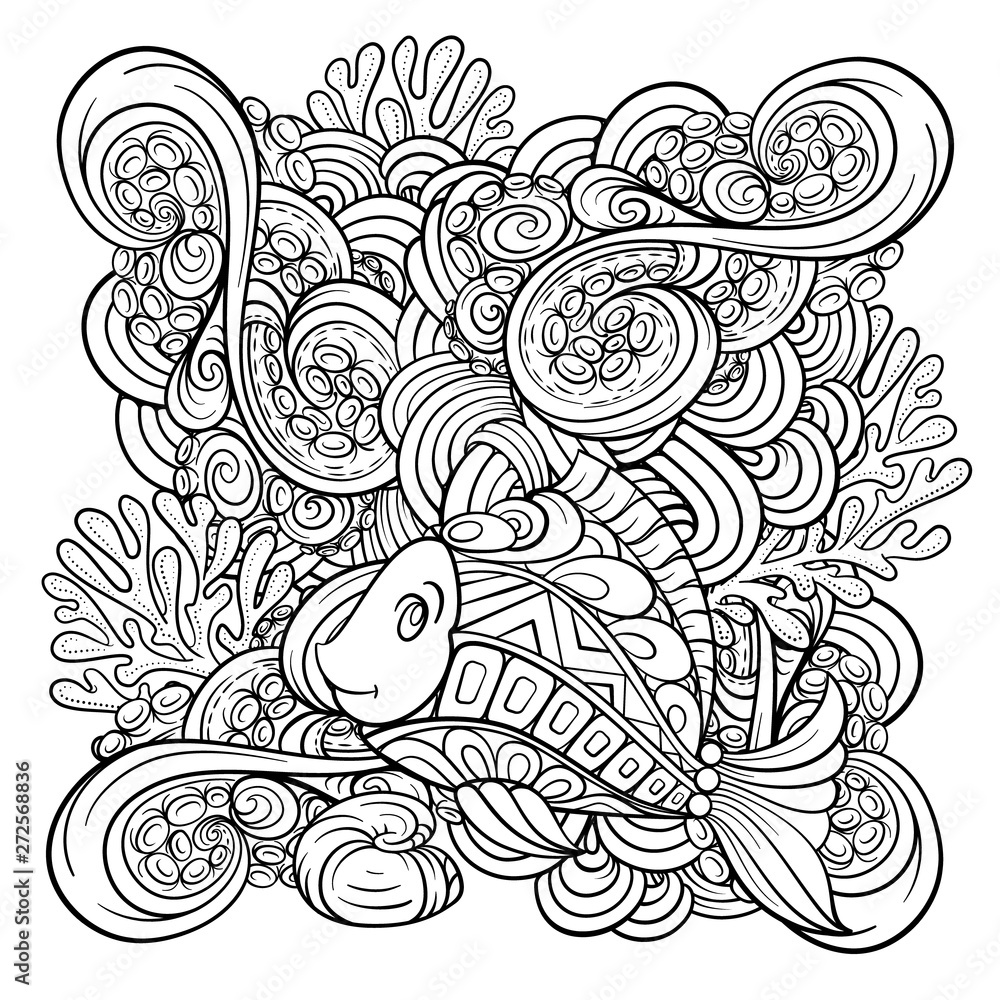 Vector sea creatures doodle background. Adult coloring page with ...