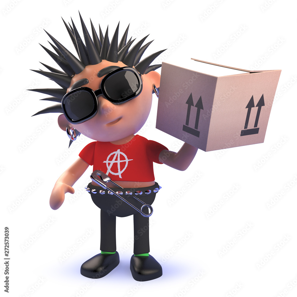 Cartoon vicious punk rocker character in 3d delivering a cardboard box ...