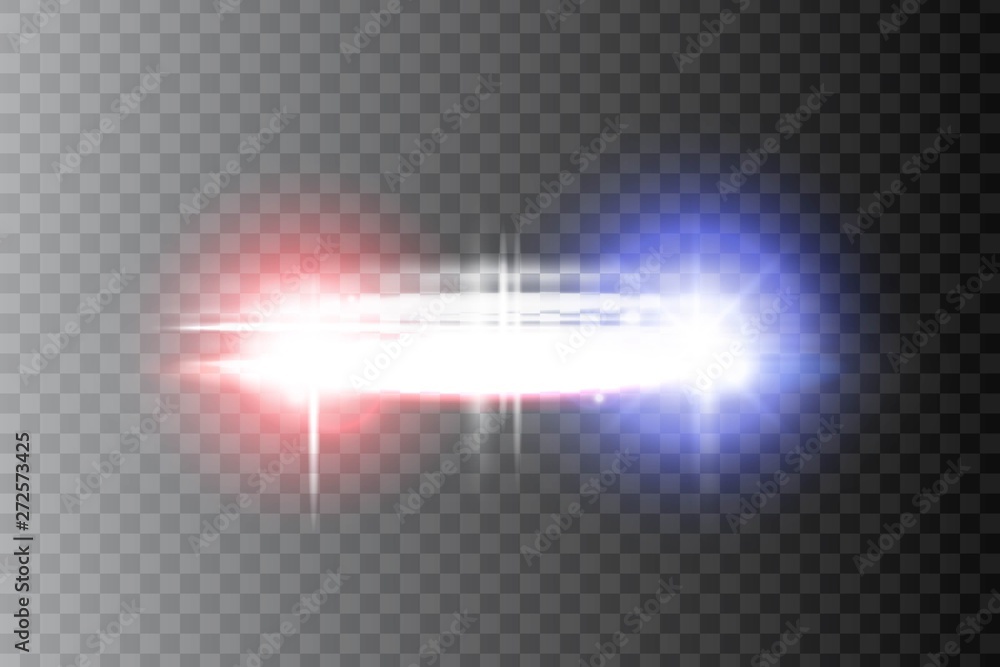 Police headlights flares and siren at the night road. Special red and ...