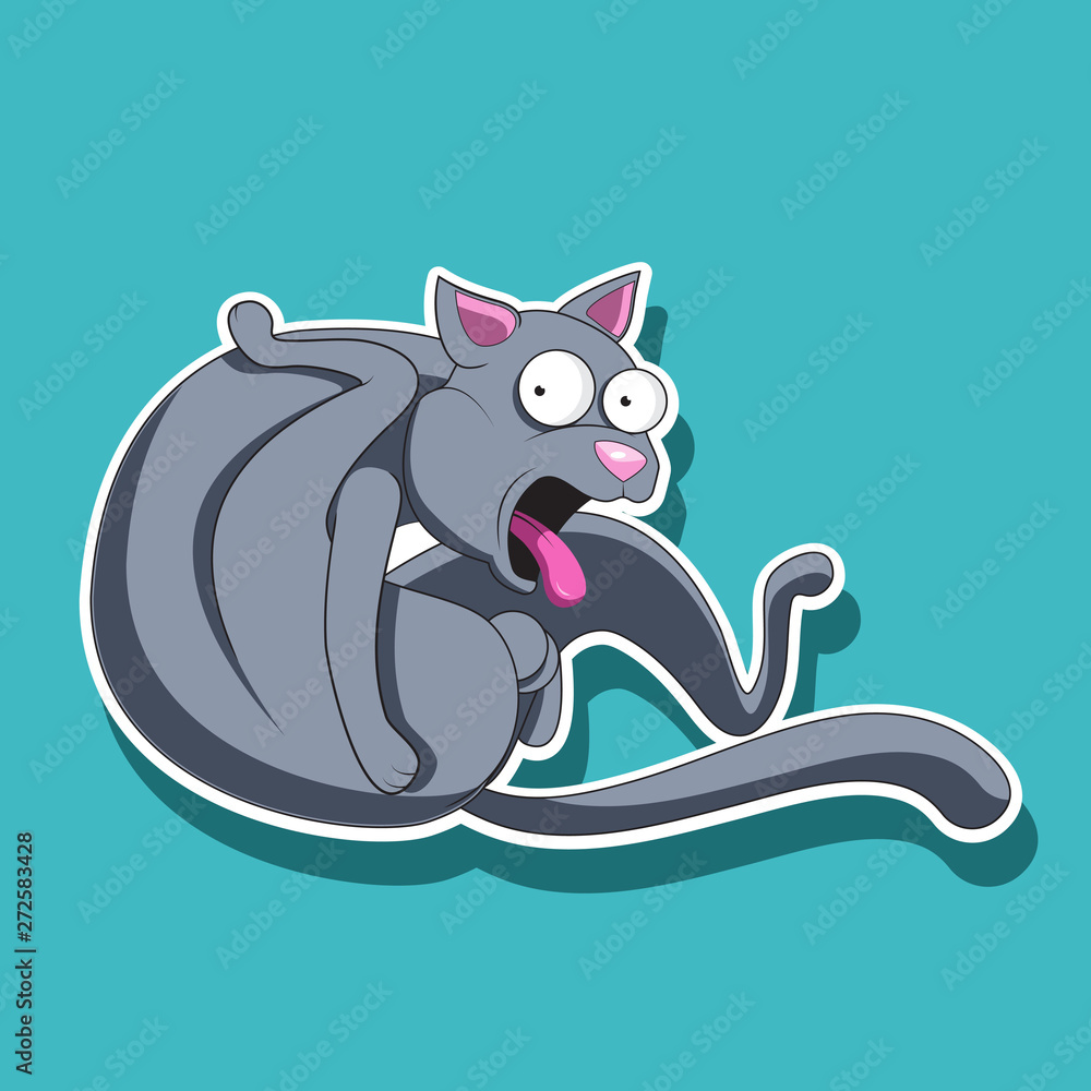 cartoon humorous cat curled up stuck out his tongue. vector ...