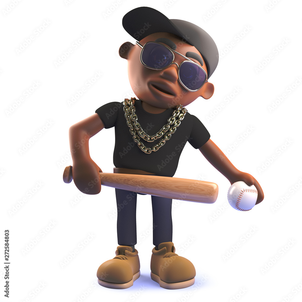 3d cartoon black African American hiphop rapper in 3d with baseball bat ...