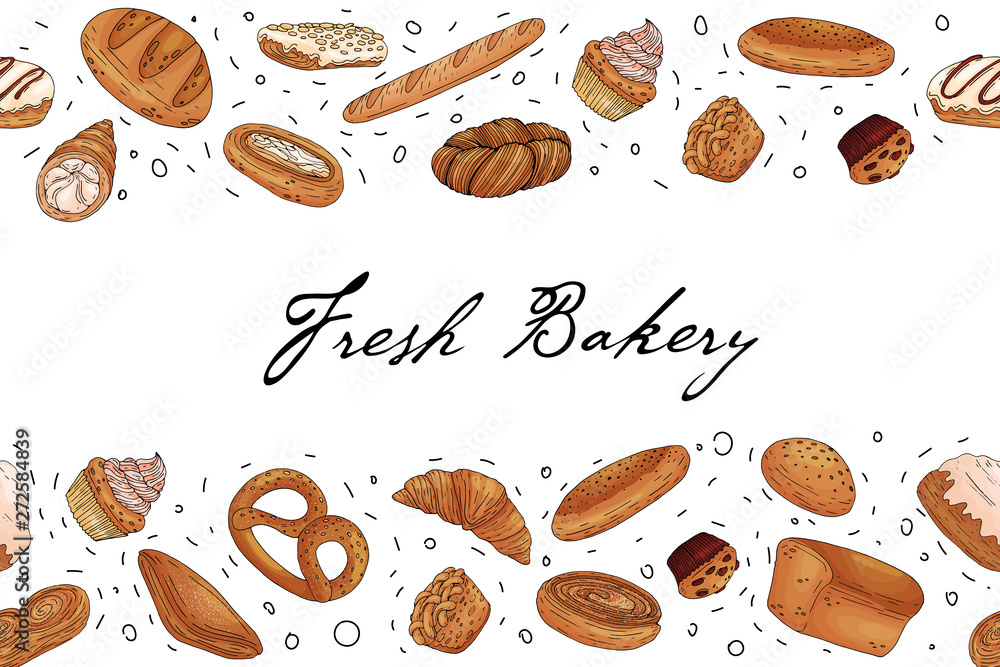 Seamless border of elements with hand drawn bakery products on a white ...