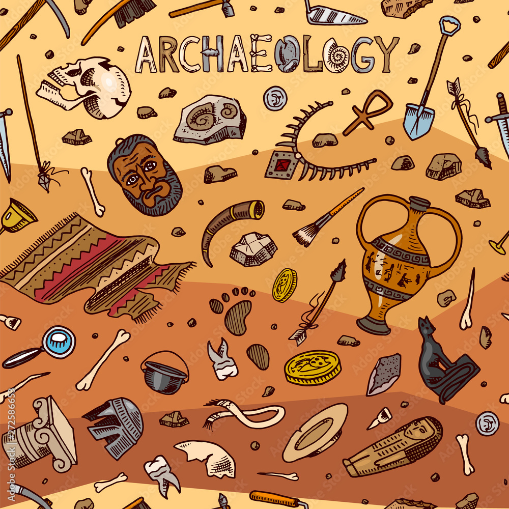Archeology seamless pattern. Tools and science equipment, artifacts in ...