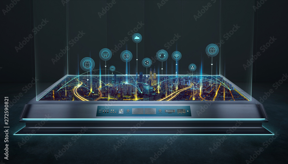 Virtual display city with smart services and icons, internet of things ...