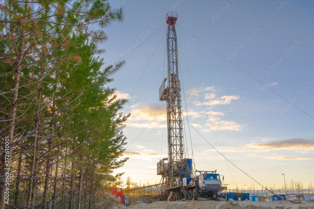Drilling a deep well mobile drilling rig in an oil and gas field. The field is located in the ...