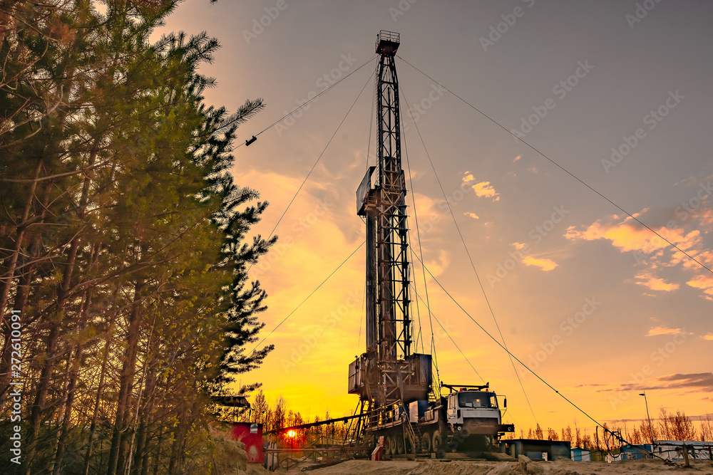 Drilling a deep well mobile drilling rig in an oil and gas field. The ...