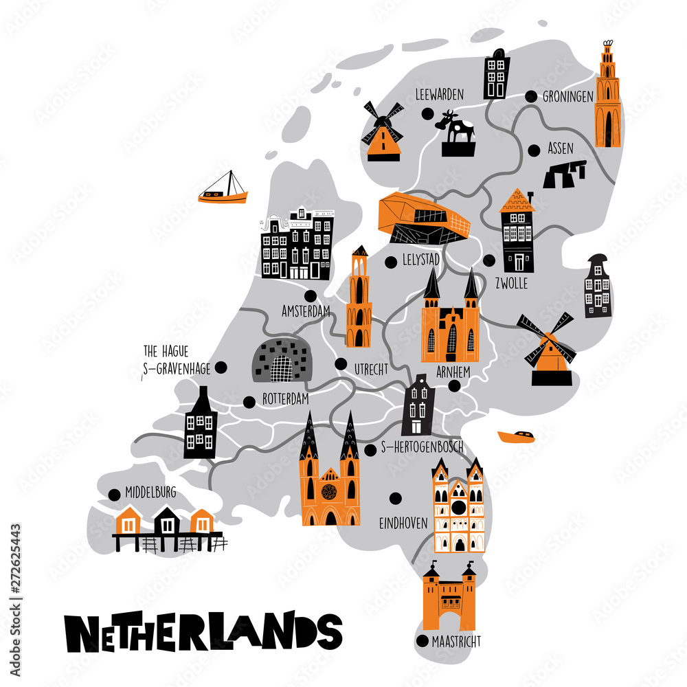 Vector flat cartoon map of Netherlands. Illustration of different ...
