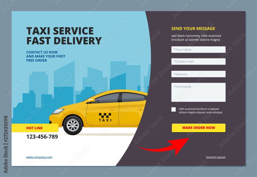 Taxi landing. Booking car promotion city service with web form for ...