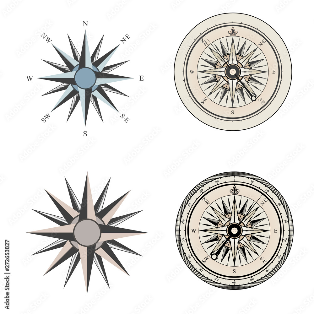 Set of logos of the compass. Marine compasses with a wind rose ...