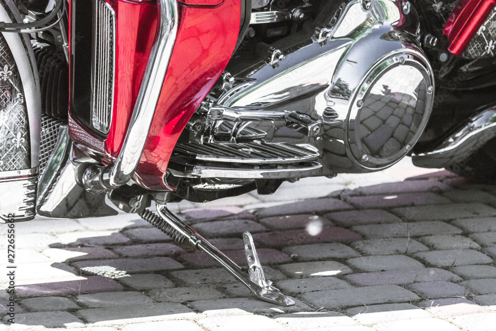Heavy powerful motorcycle. Details chrome cruiser close-up. Biker ...