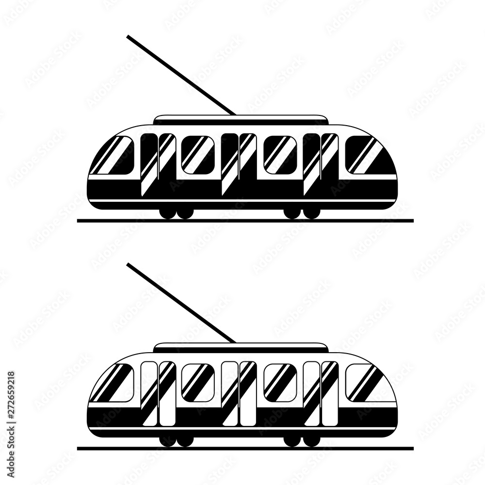 Icons tram black and white. Public transport in two options silhouettes ...