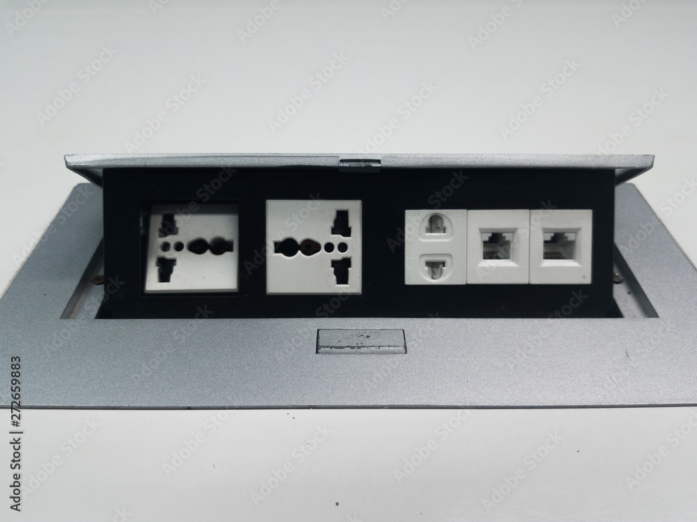 Electrical Universal power outlet popup and LAN plugs on the white ...