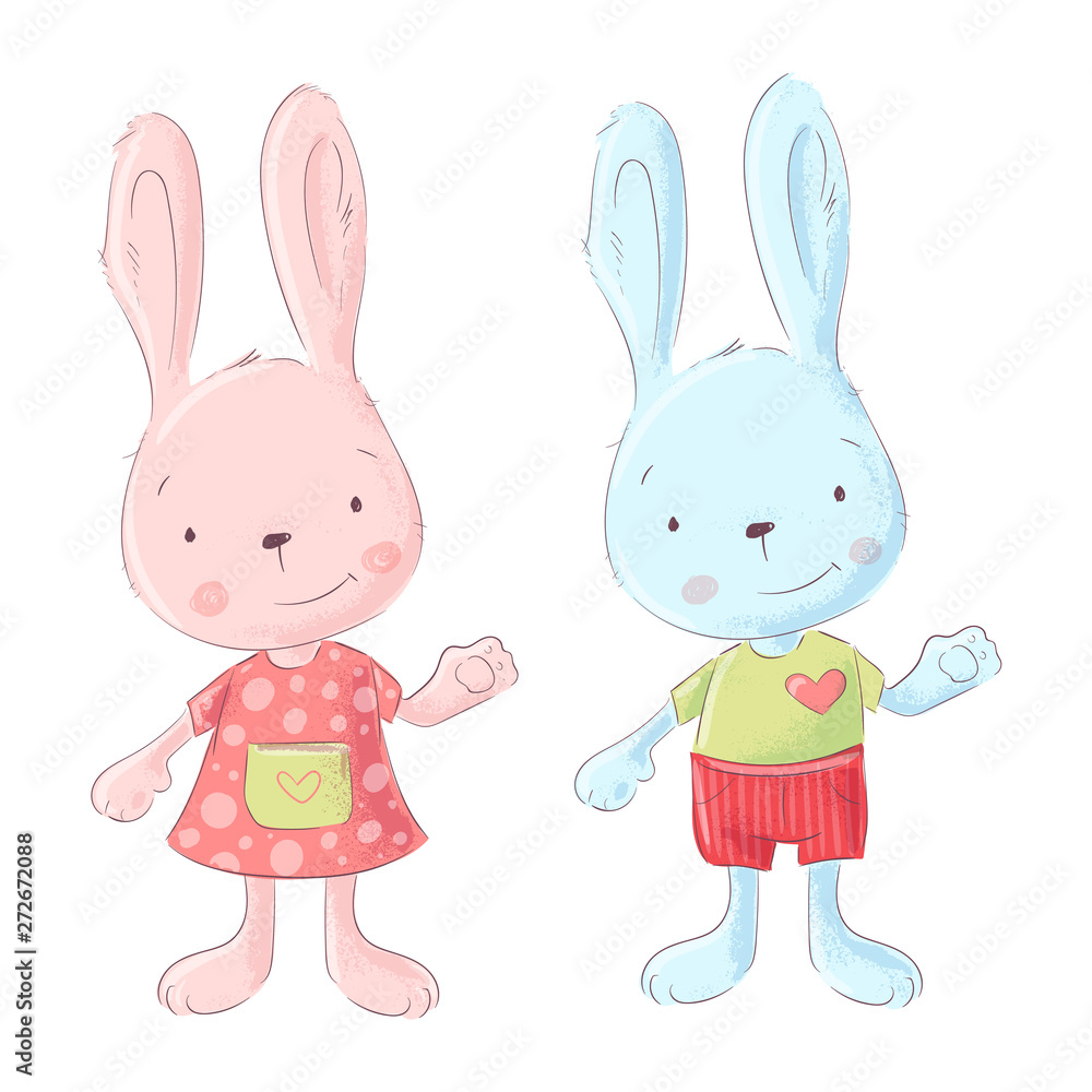 Cartoon illustration of a cute two bunnies a boy and a girl. Vector ...