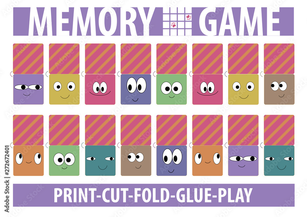 Memory card game with smiling faces. Printable horizontal album A4 ...