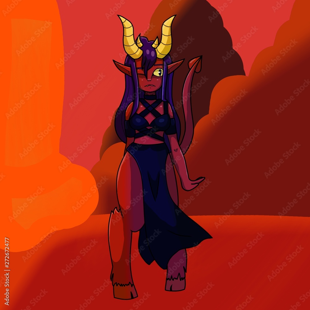 Demon cartoon character in red. Demoness with big yellow horns. Stock ...