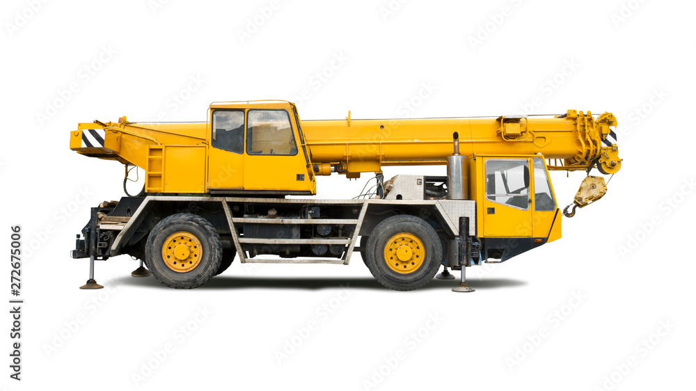 Yellow mobile crane truck side view isolated on white Stock Photo ...