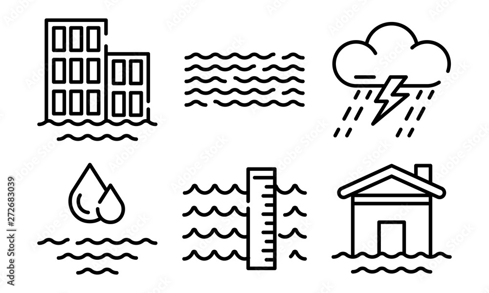 Flood icons set. Outline set of flood vector icons for web design ...