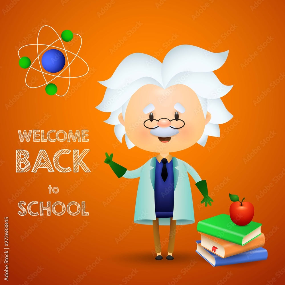 Welcome back to school orange poster design. Senior chemist in lab coat ...