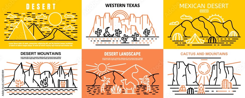Desert banner set. Outline set of desert vector banner for web design ...