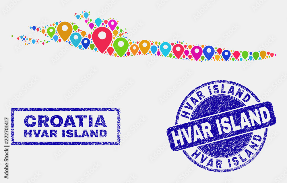 Vector bright mosaic Hvar Island map and grunge watermarks. Abstract ...