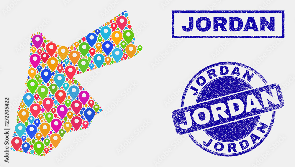 Vector bright mosaic Jordan map and grunge seals. Flat Jordan map is ...