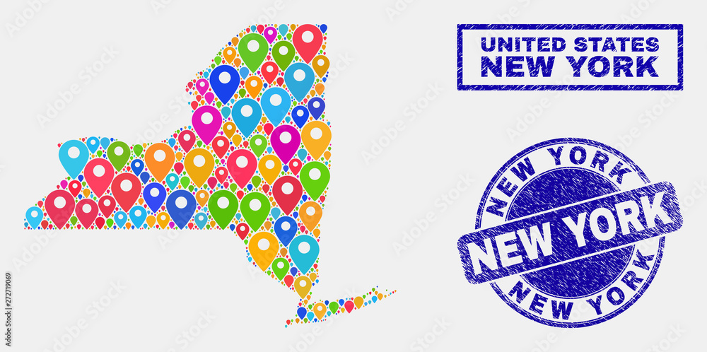 Vector colorful mosaic New York State map and grunge stamp seals. Flat ...