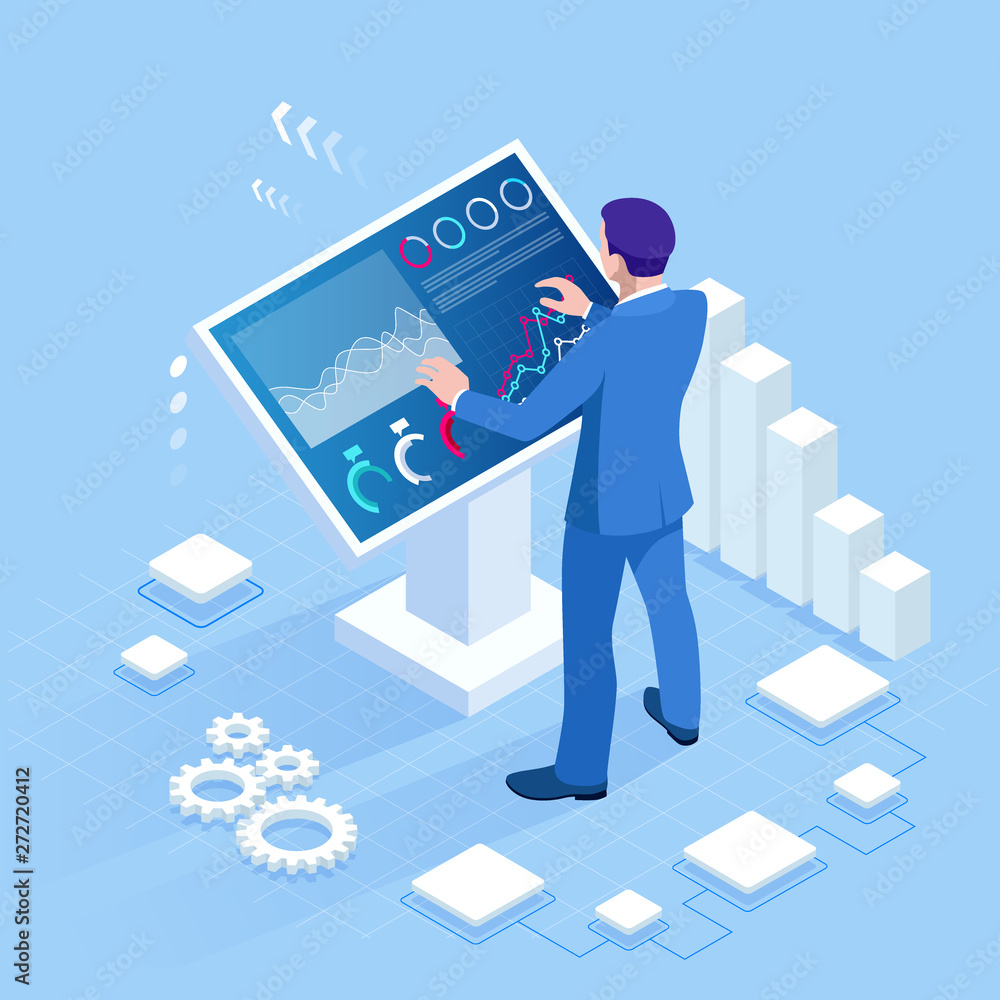 Isometric digital monitor with infographics. Male standing at the big ...
