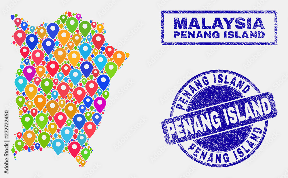 Vector bright mosaic Penang Island map and grunge seals. Abstract ...