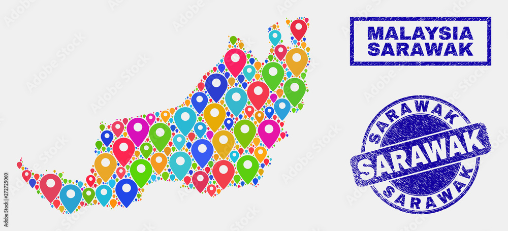 Vector colorful mosaic Sarawak State map and grunge seals. Flat Sarawak State map is formed from ...