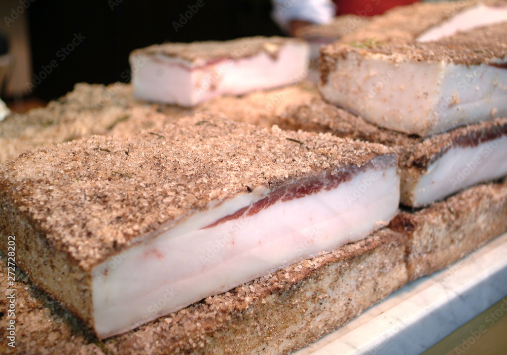 Italian food products, traditional Tuscany pork lard of Colonnata ...