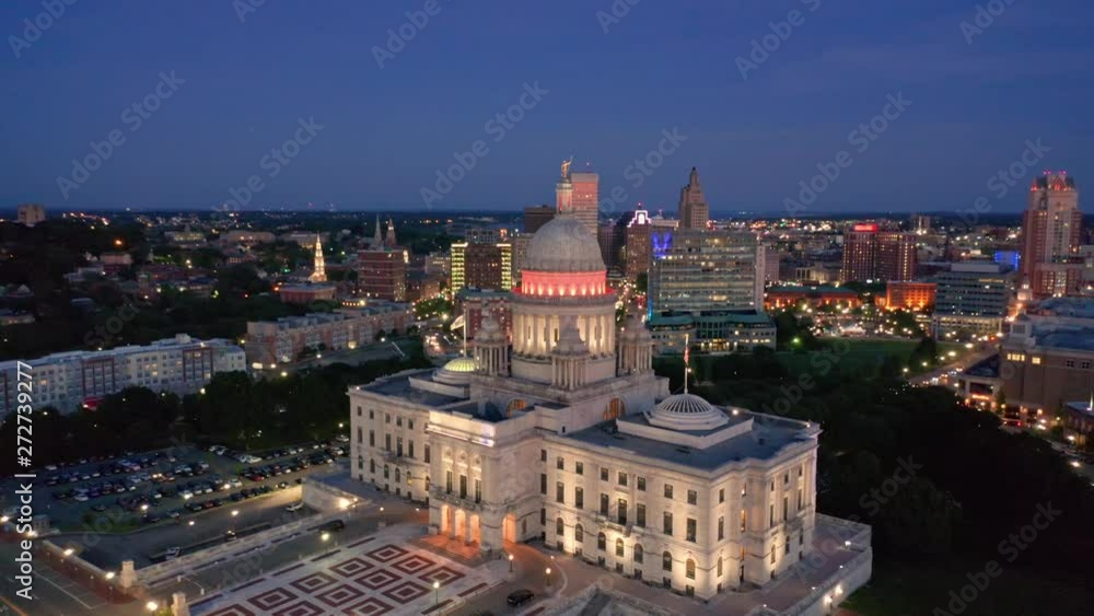 Drone footage of Providence, Rhode Island at dusk. The camera rotates ...