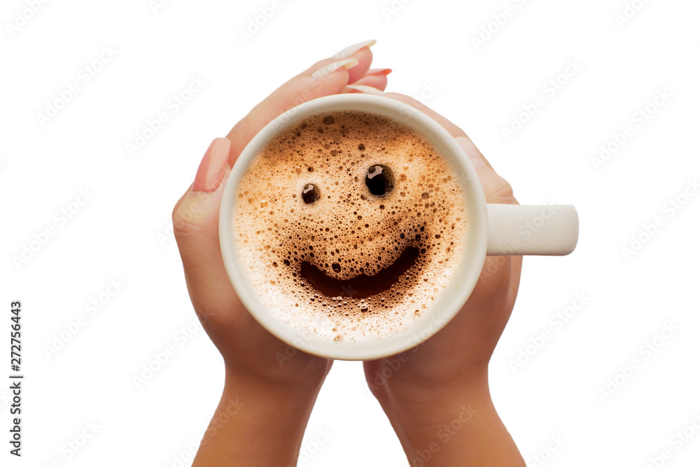 Women's hand holding a cup of coffee smile face frome Stock-Foto ...