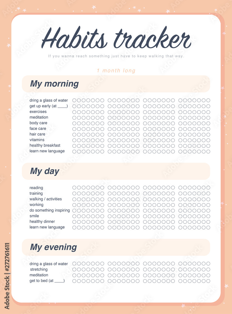 Vector habits tracker page design template calendar for month. Time ...