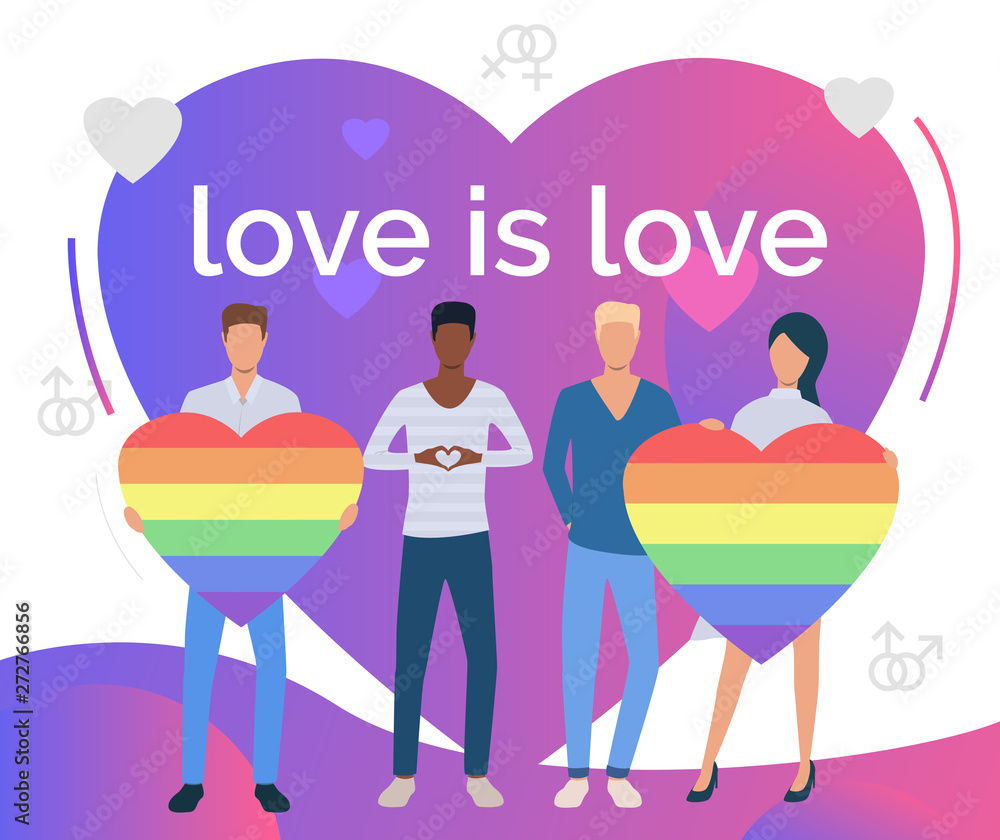 Love is Love text on purple heart. Mix raced group of people with ...
