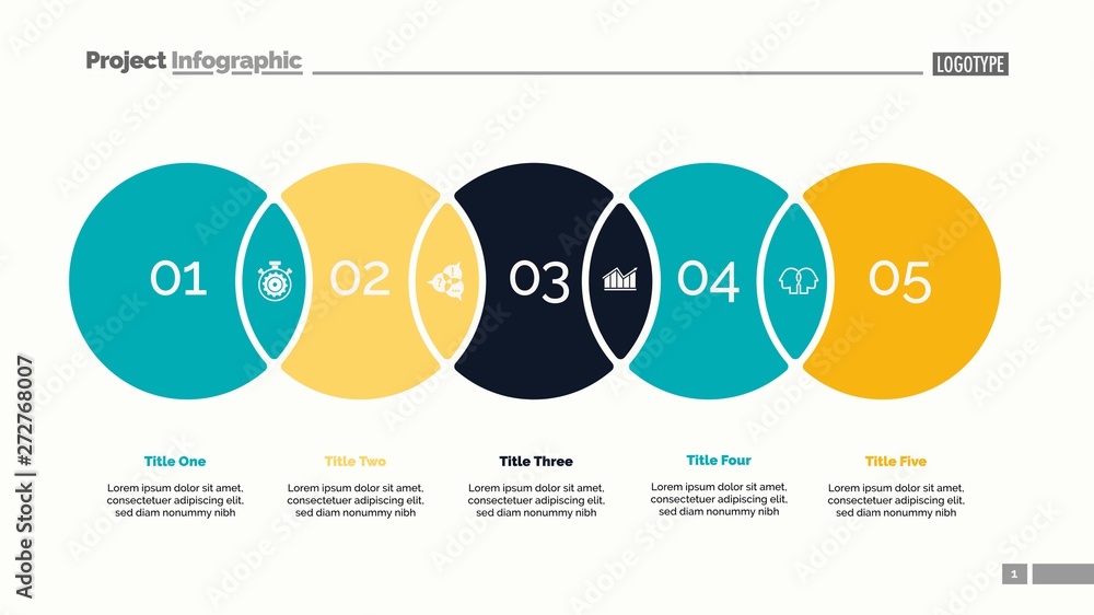 Five circles process chart slide template. Business data. Point ...